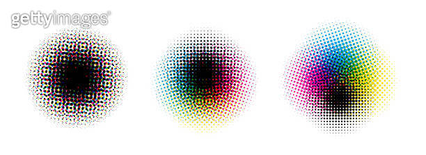 Halftone round background set. CMYK color dotted half tone shapes ...