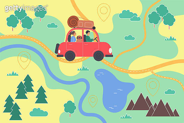 Travel summer adventure and vacation tourism, family car journey route ...