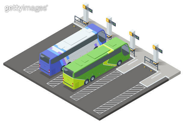 Isometric vector of two intercity buses parked at a modern bus station ...