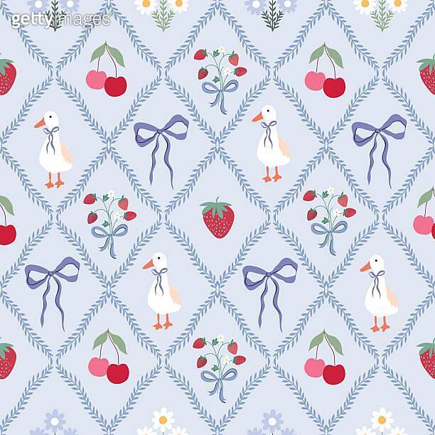 Vintage coquette seamless pattern with geese, strawberries and cherries ...