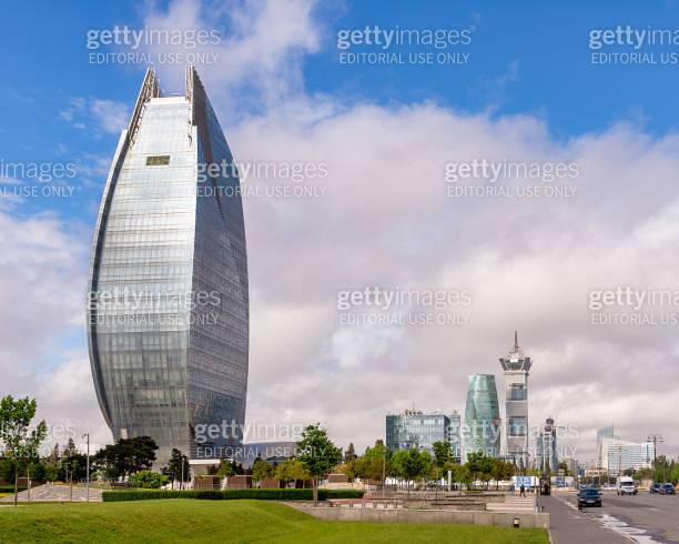 Exploring Heydar Aliyev Avenue with Azersu Tower rising in Baku ...