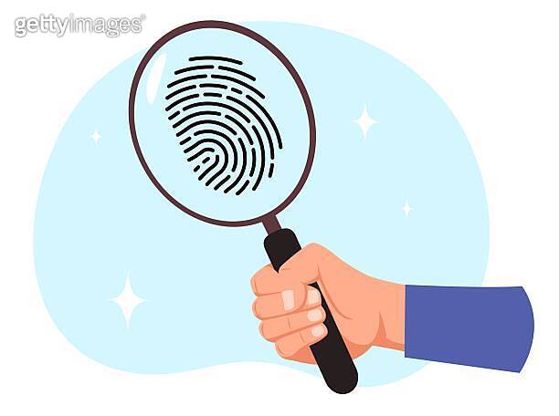 Hand holds magnifying glass and examines human fingerprint. Police ...