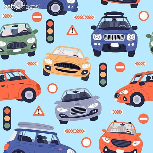 Passenger cars. City transport seamless pattern. Traffic light. Road ...