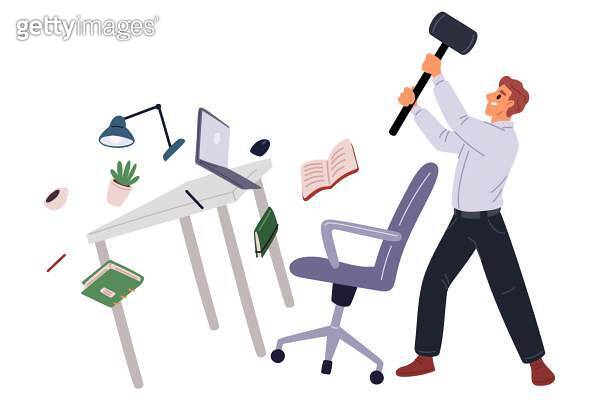 Angry male office worker smashes desk with hammer. Broken workplace ...