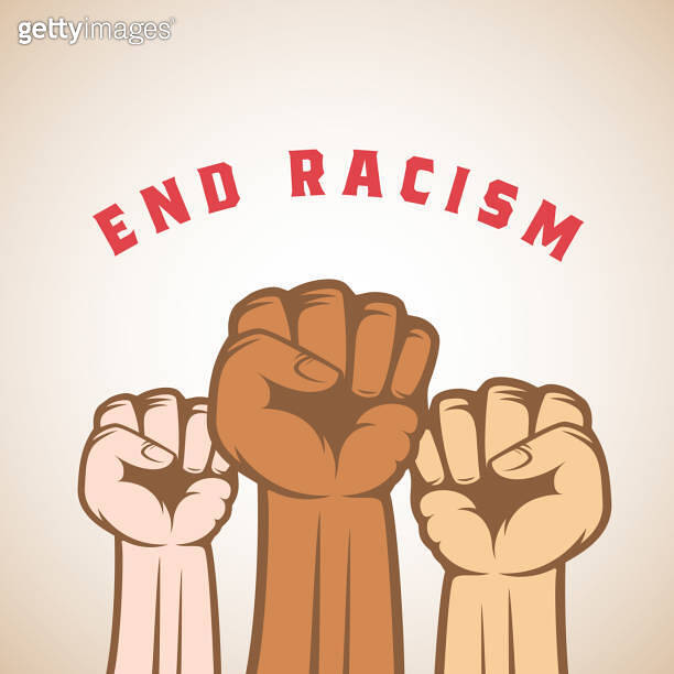 Different Skin Color Activist Fists and End Racism Slogan. Abstract ...