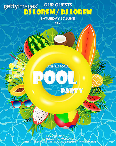 Pool summer party invitation banner. Water and palm inflatable yellow ...