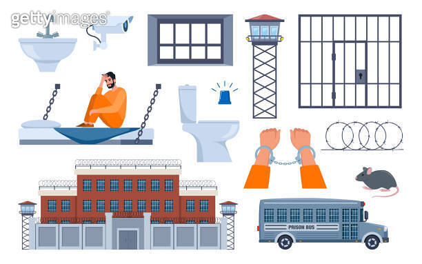 Prison elements. Observation tower, bed, prisoner man, window, prison ...