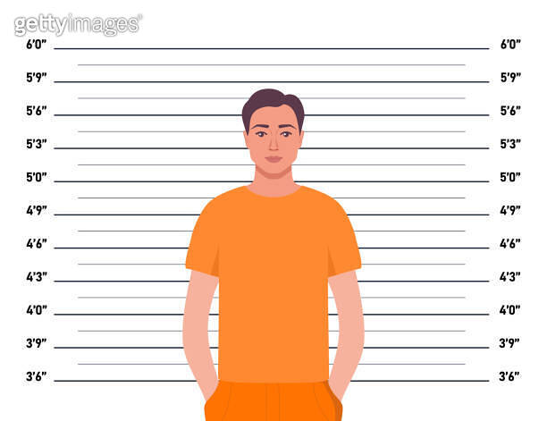 Criminal mugshot front view on measuring scale background. Prisoner man ...