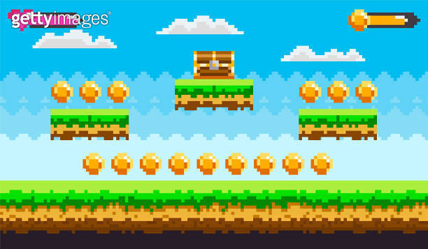 Retro Pixel Art Platformer with Coins, Treasure Chest, and Grass ...