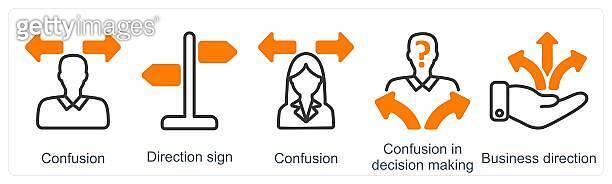 A set of 5 business icons as confusion, direction sign, confusion in ...