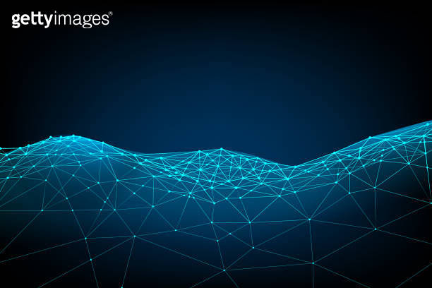 Digital dynamic cyber wave, composed of interconnected lines and dots ...