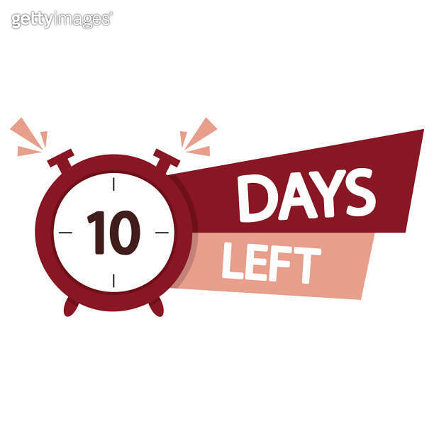 10 days countdown. Number ten text. Alarm clock icon. Bold timer design ...