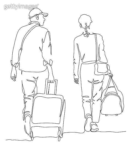 Couple tourists with suitcases and bag walking away. Travel. Continuous ...