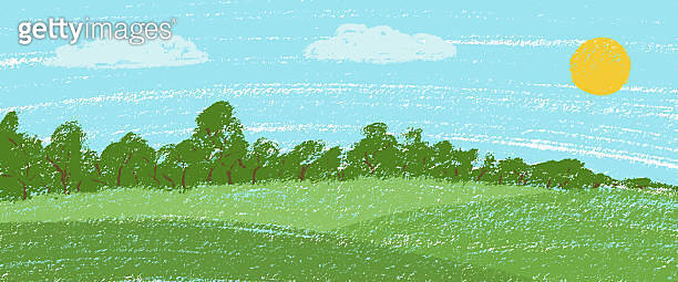 Grass and sky background. Crayon kid landscape with spring field ...