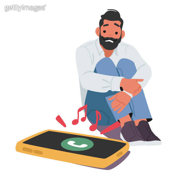 Scared man cartoon character in panic looking at smartphone with ...