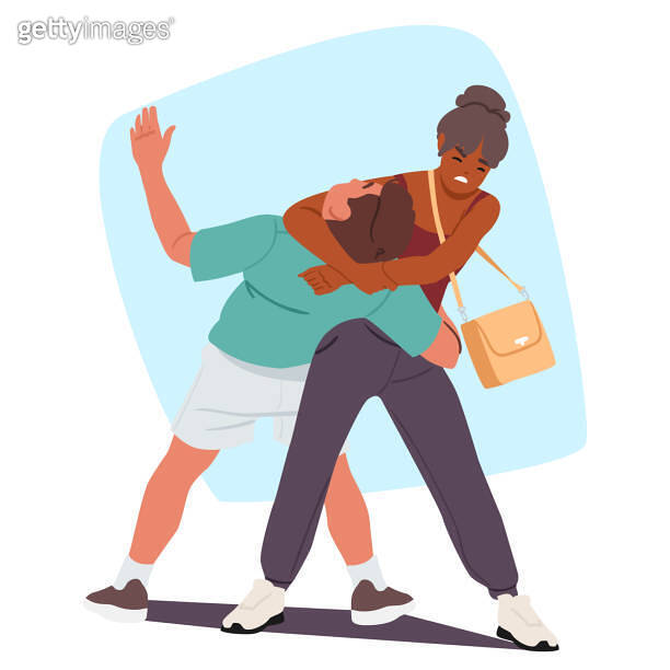 Angry woman cartoon character applying hand grip on male thief neck ...