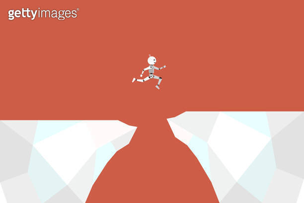 Robot jumping over gap as symbol of overcoming challenges and finding ...
