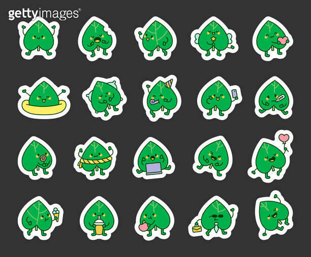 Linden leaf character set featuring adorable expressions, joyful ...