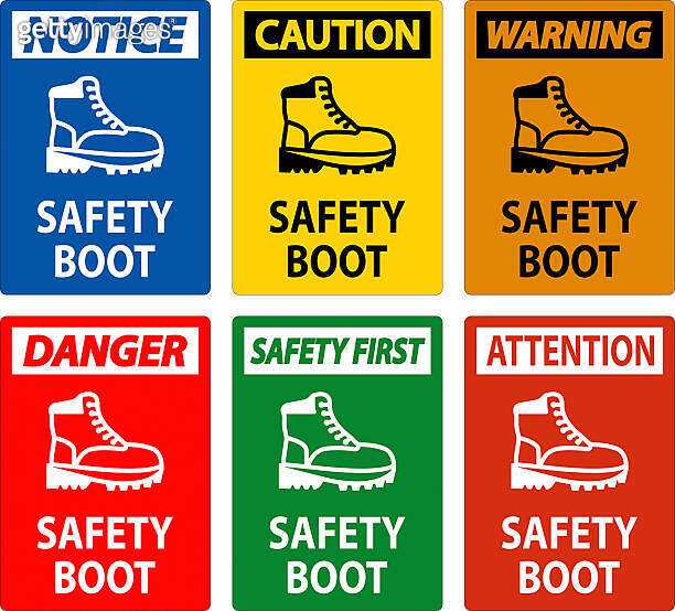 Colorful Safety Boot Signs Displaying Various Warning Messages for ...