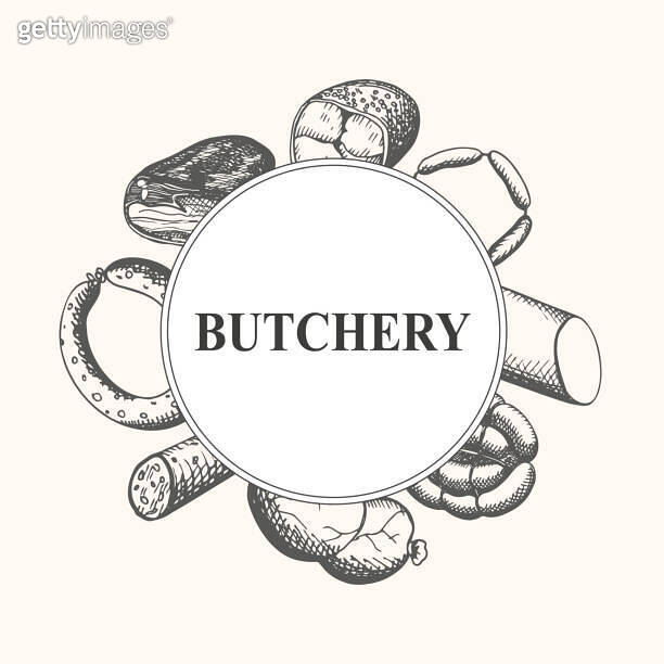 Butchery backdrop border with different kind Sausages. Hand drawn ...