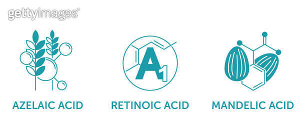 Mandelic, Retinoic, Azelaic acid - icons for labeling in monochrome ...