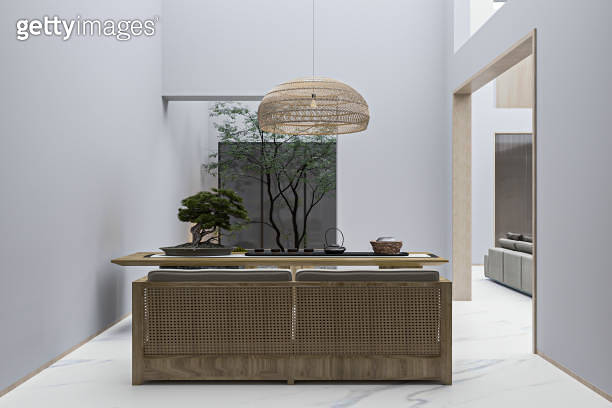 Modern Minimalist Tea Room with Rattan Sofa, Bonsai, and Indoor ...