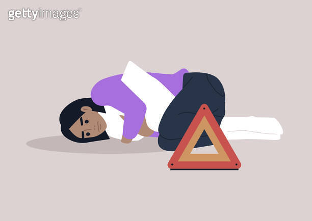 Character expresses distress through artistic warning triangle metaphor ...