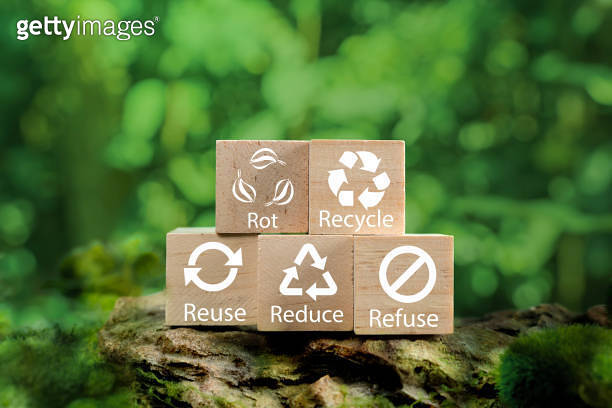 Wooden blocks with Reuse, Reduce, Recycle, Refuse, Rot symbol. 5 ...