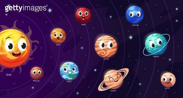 Solar system. Cartoon planets with different emotions, educational ...