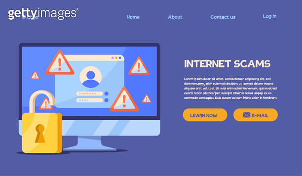 Internet scams poster. Computer monitor with errors signs. Cybercrime ...