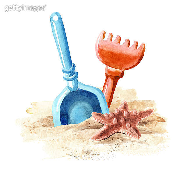 Children's shovel and sand rake. Hand drawn watercolor illustration ...