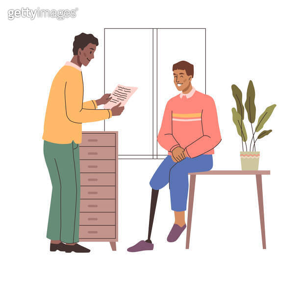 Male characters in office, working together with disable and inclusive ...