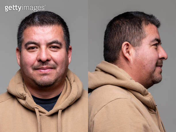 Smiling hispanic mature man front and profile mugshots (2194109053 ...