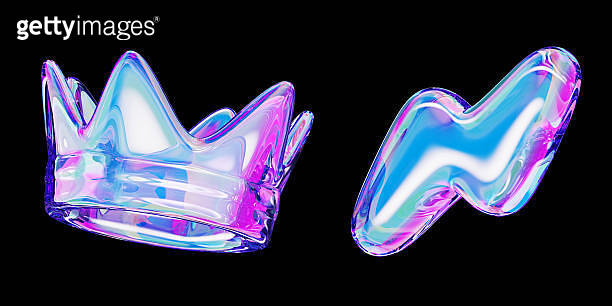 Crystal holographic y2k crown and lightning bolt icon with bright neon ...