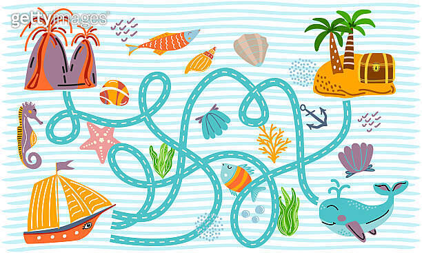 Funny sea maze with ship, volcano, island, and cute sea animals. Help ...