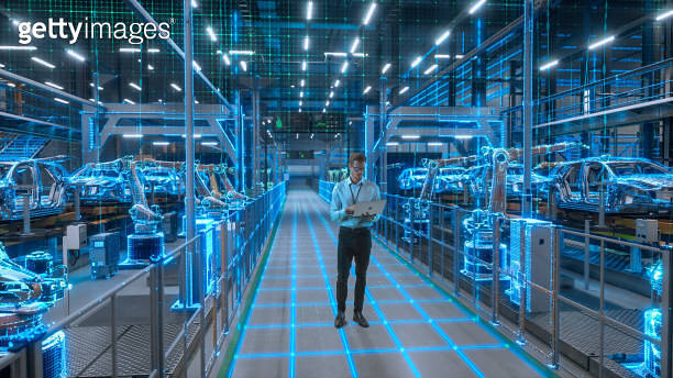 Technician Activates Futuristic Automotive Factory, Warehouse ...