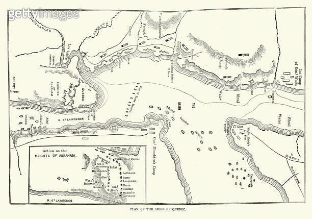 Battle plan, map of the Siege of Quebec, Canada, during the Seven Years ...