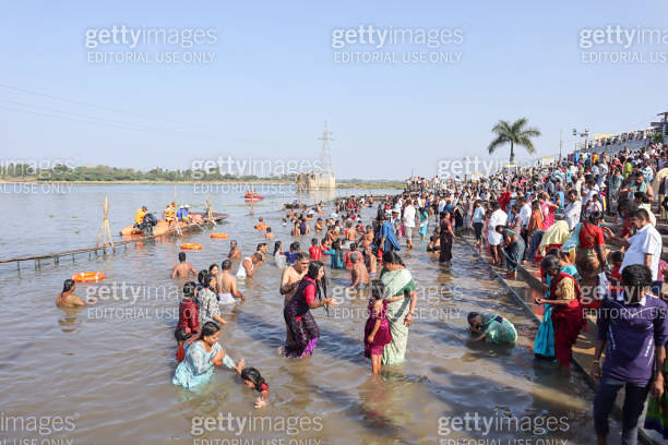 Holy place of Maha Kumbh mela, river banks, holy dip, crowd of people ...