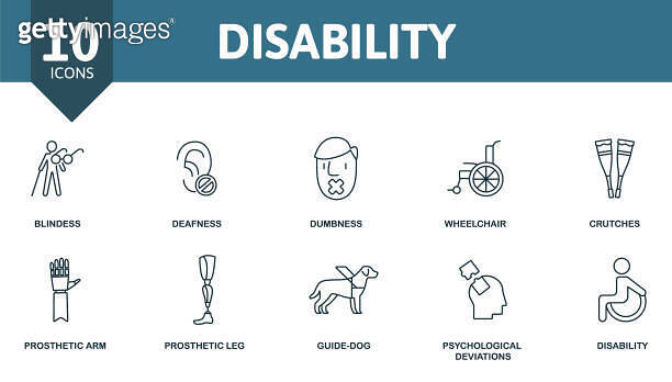 Disability icon set representing various impairments and assistive ...