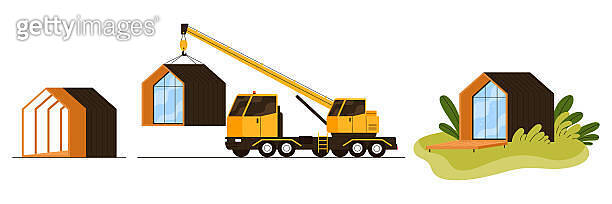A-frame modular house process. Illustration of a prefab cabin being ...