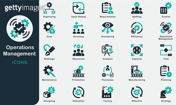 Operations management solid icons collection.Containing Factory ...