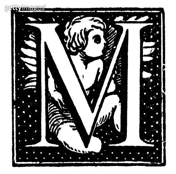 Art Nouveau Style Initial Capital Letter M with Cherub Angel - 19th ...