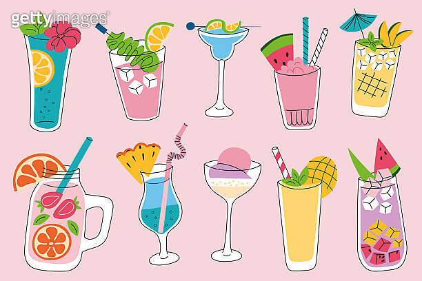 Bright vector illustration of summer cocktails in glassware with fruits ...
