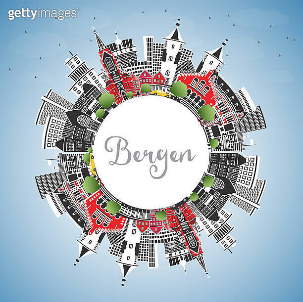 Bergen Norway city skyline with color buildings, blue sky and copy ...