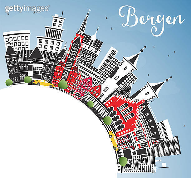 Bergen Norway city skyline with color buildings, blue sky and copy ...