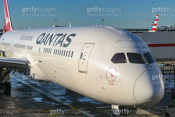 Front view of a Boeing 787 jet operated by Australian airline Qantas at ...