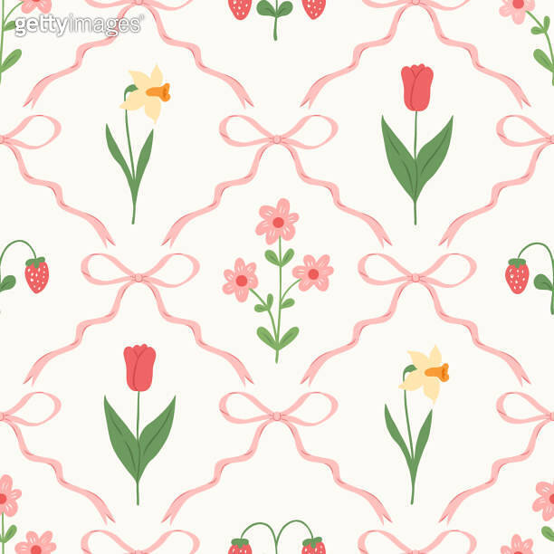 Coquette floral trellis seamless pattern with bows and ribbons. Preppy ...