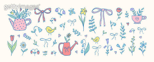 Collection hand drawn spring cute elements. Minimalist sketch line art ...