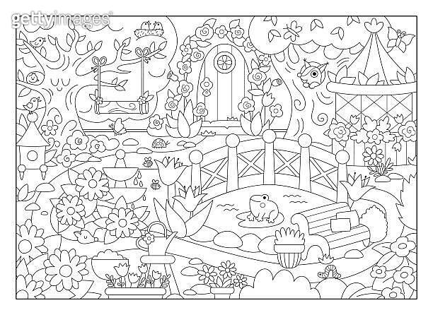 Vector empty black and white fairy garden background. Fairytale little ...