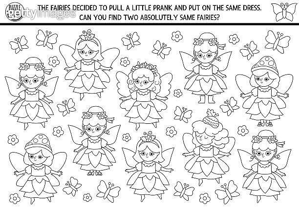 Find two same fairies. Fairyland black and white matching activity ...